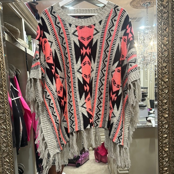 Soho Apparel | Sweaters | Soho Apparel Vibrant Patterned Fringe Poncho ...